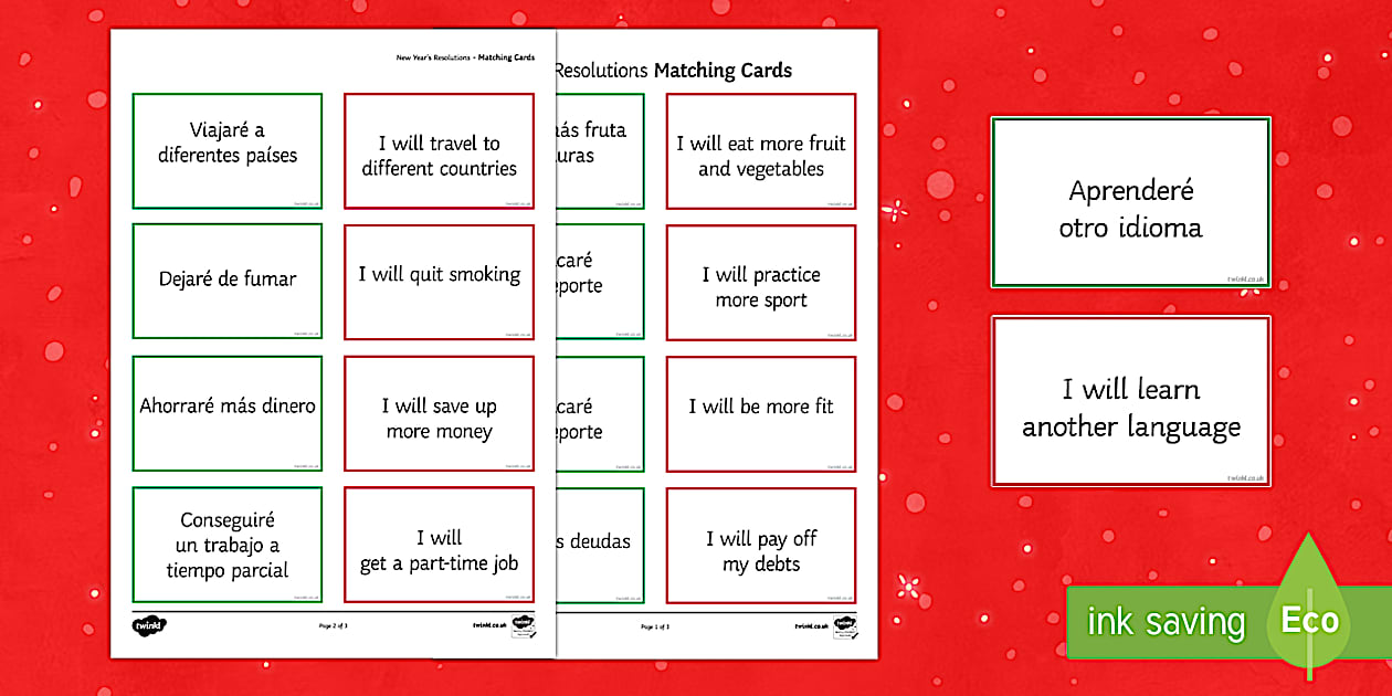 New Year's Resolutions Matching Cards Spanish (teacher made)