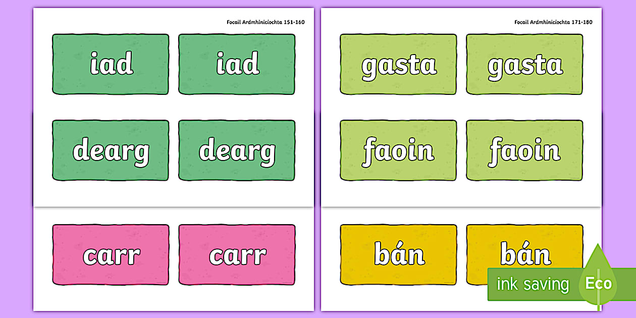 Focail Ardmhinicíochta 151 - 200 Cártaí (Teacher-Made)