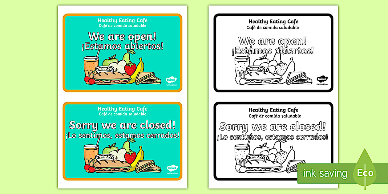 Black and White Healthy Eating Cafe Role Play Open And Closed Signs and ...