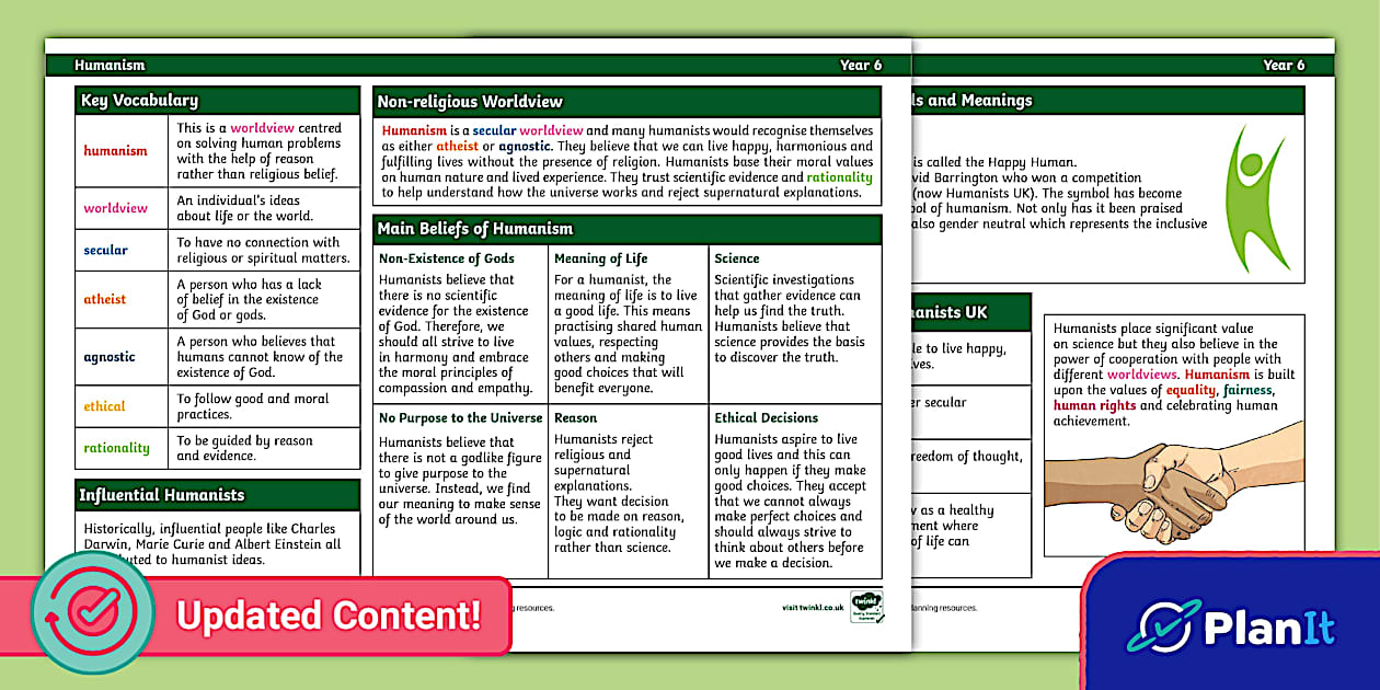 RE: Humanism: Year 6 Knowledge Organiser (teacher made)