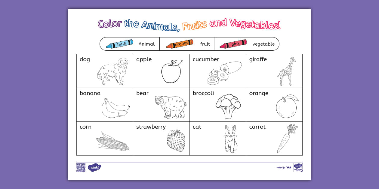 英語で動物、野菜、果物を色塗りしよう！Color the Animal, Fruit, Vegetable- English Activity for