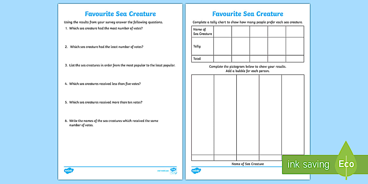 Favourite Sea Creature Tally Chart and Graph Worksheets - sea creature