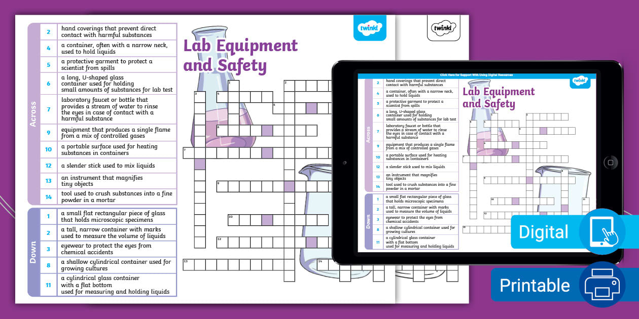 Lab Equipment and Safety Vocab. Crossword for 6th-8th Grade