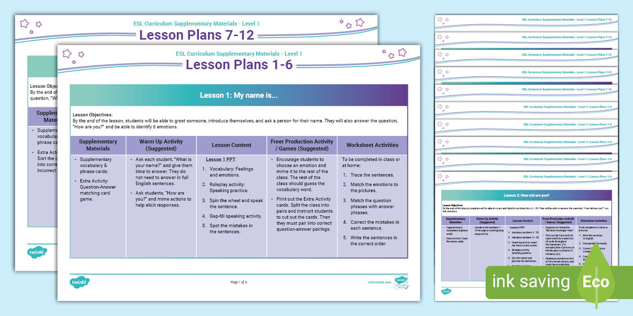 ESL Curriculum: Level 1 Lesson Plans (teacher made) - Twinkl