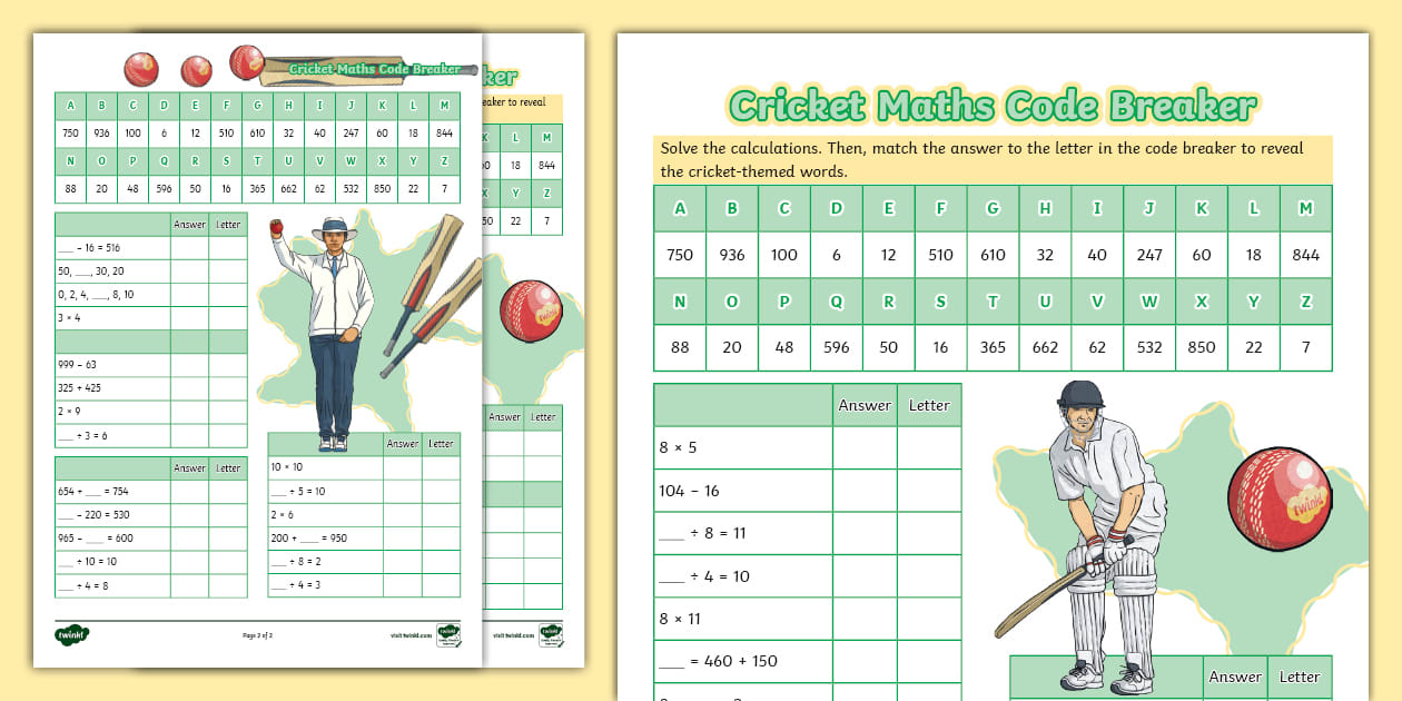 👉 Year 3 Cricket Maths Code Breaker (Teacher-Made)