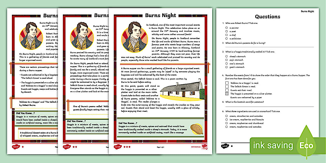 Middle Ability LKS2 Burns Night Differentiated Reading Comprehension ...