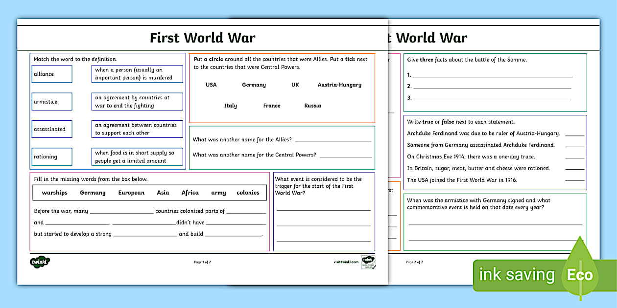 KS2 Revision Activity Mat: First World War - Twinkl