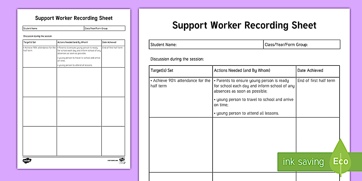 Editable Early Years Support Worker Recording Sheet Planning Template
