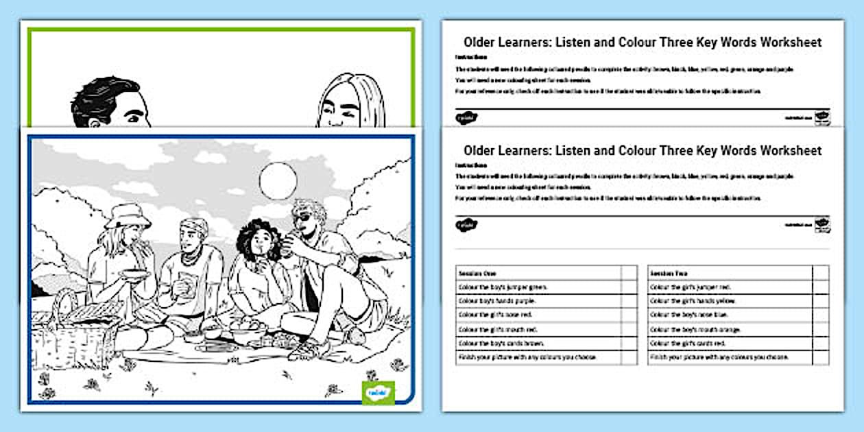 Older Learners: Listen and Colour Three Key Words Worksheet