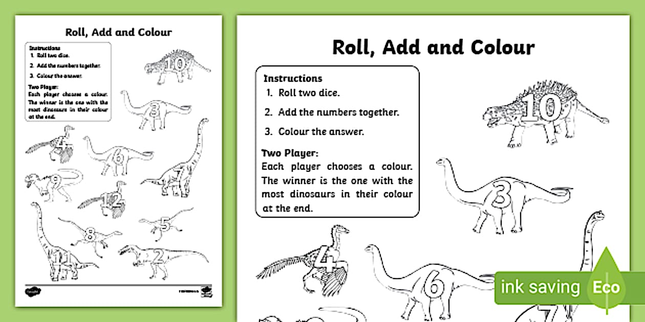 Dinosaur Colour and Roll Worksheet / Worksheet - Twinkl