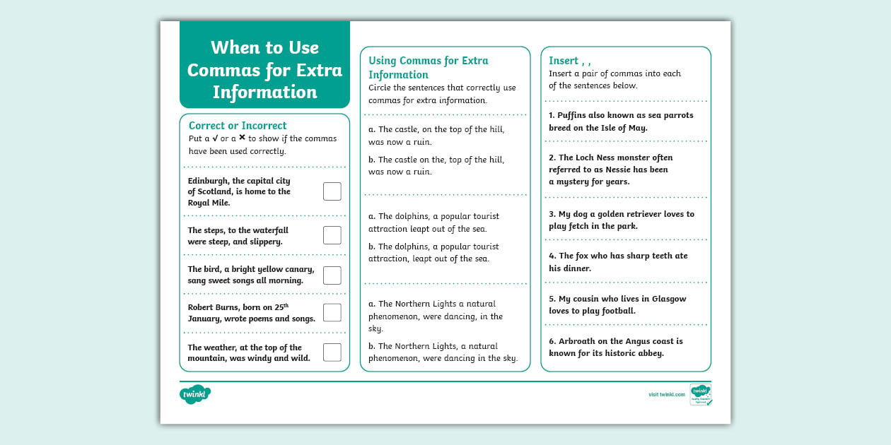 When to Use Commas to Add Extra Information Assessment Mat
