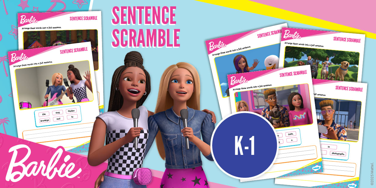 Barbie: Simple Sentence Scramble Worksheets for K-1st Grade