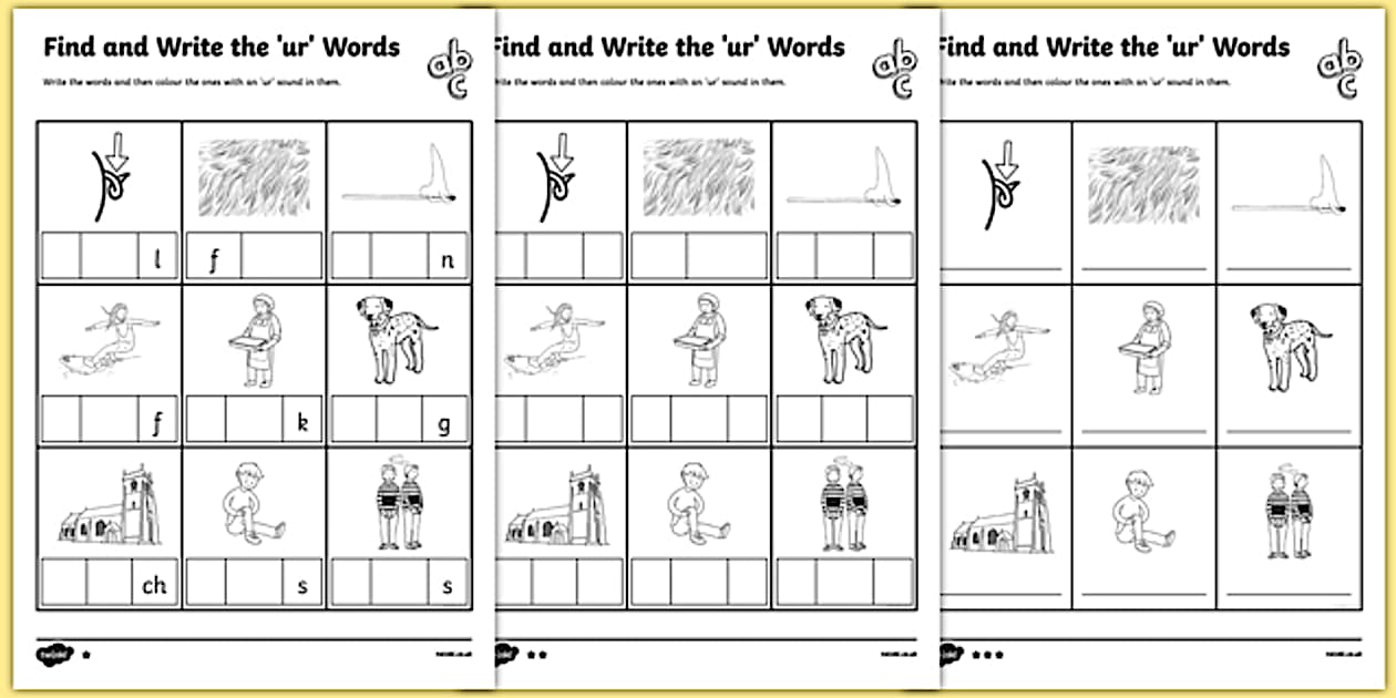 ‘ur’ Phonics Worksheet pack- easy to download and print off.