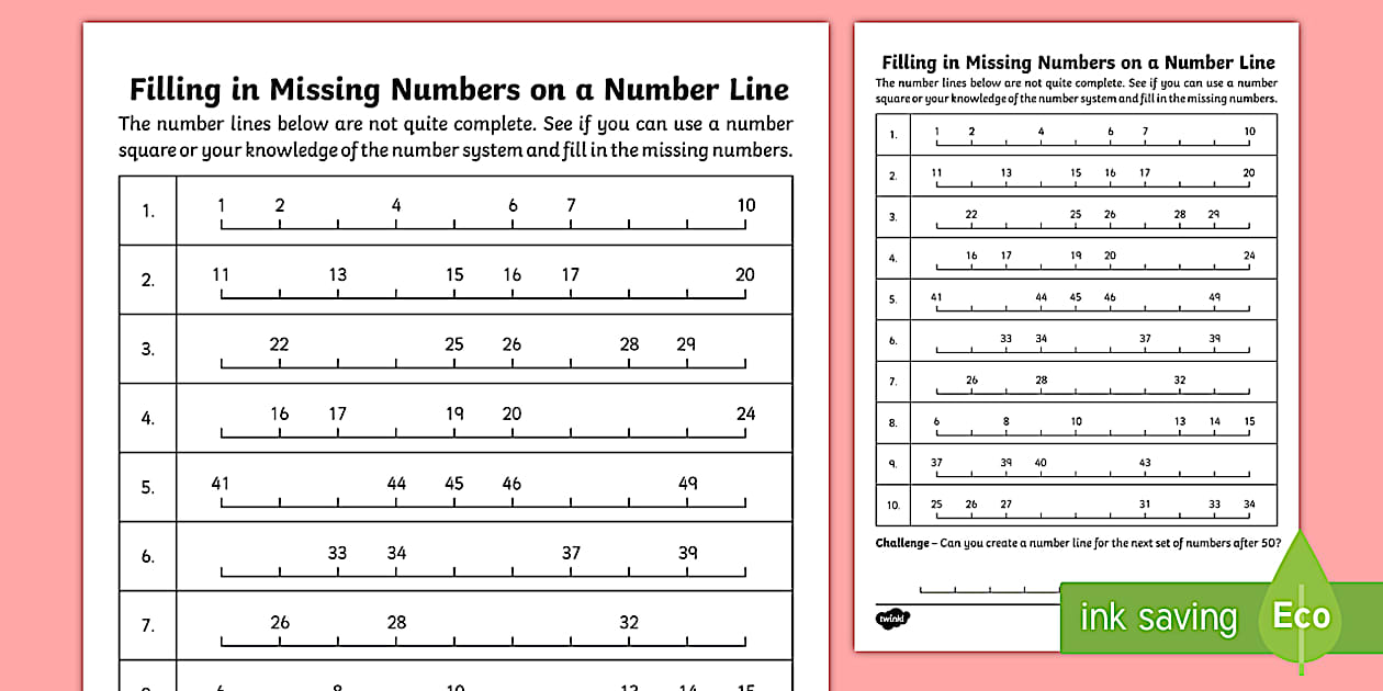 Editable Filling In Missing Numbers on a Number Line to 50 Worksheet