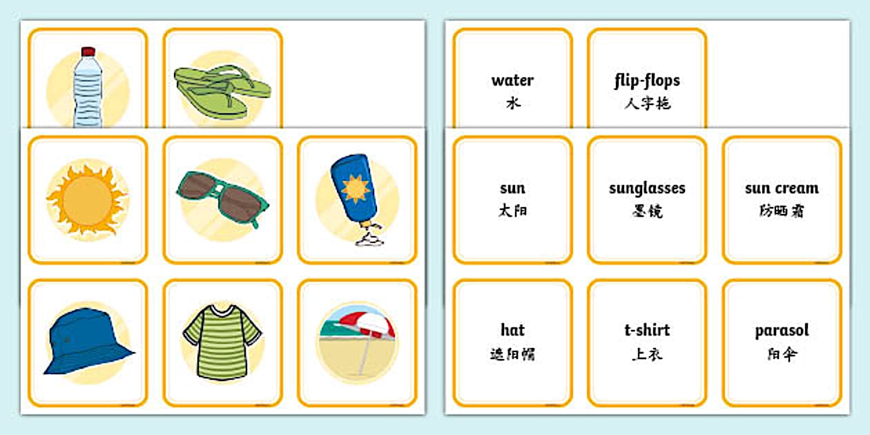 Sun Safety Word Cards English/Simplified Chinese - Twinkl