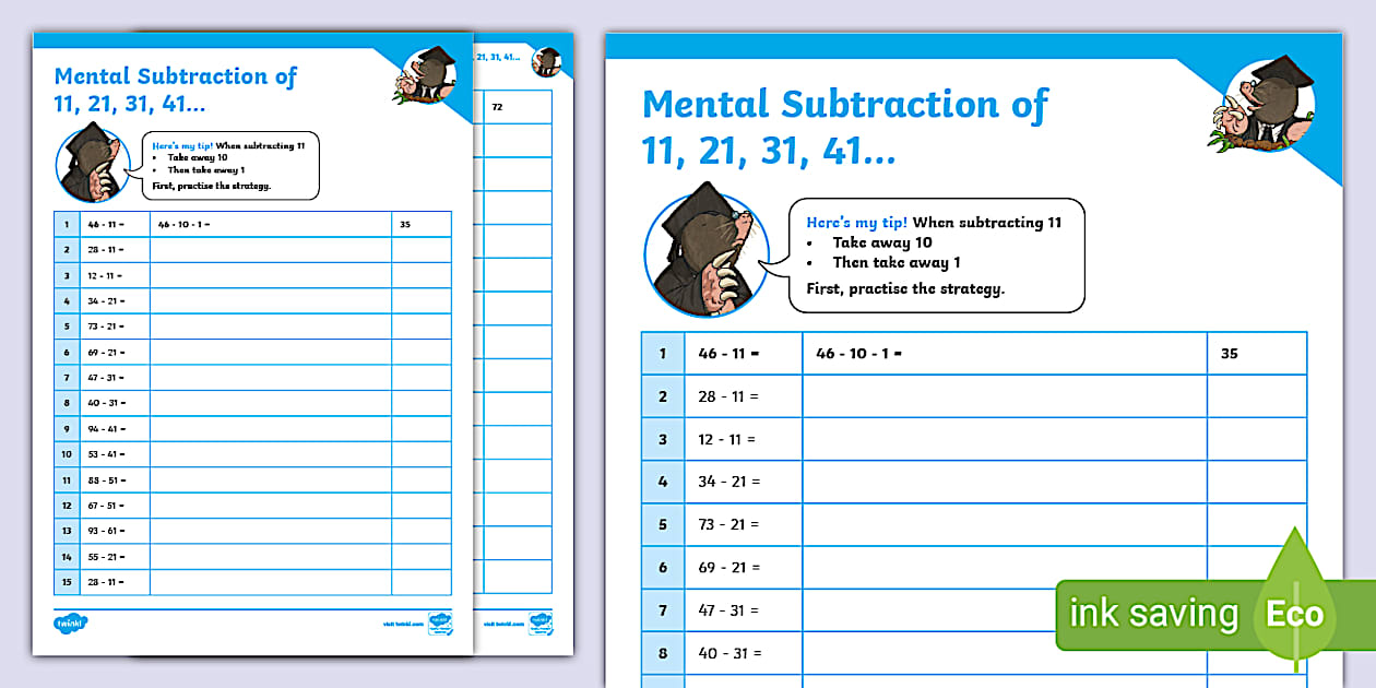 Mental Subtraction of 11, 21, 31, 41… (teacher made)