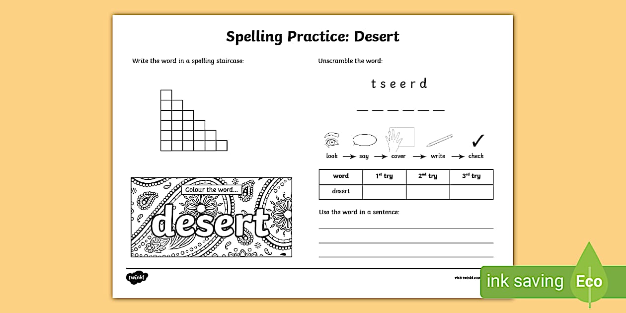 Desert Spelling Practice Worksheet (Teacher-Made) - Twinkl