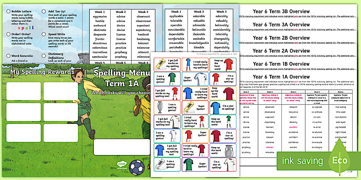 Editable Year 6 Football Themed Spelling Menu Pack - Twinkl
