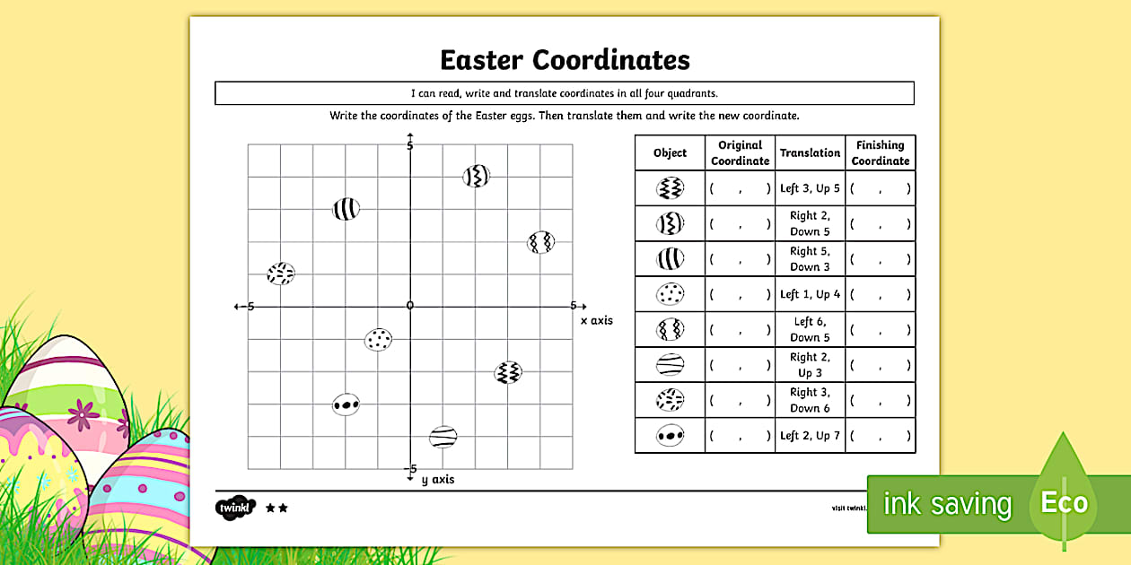 UKS2 Maths Easter Four Quadrant Coordinates & Translations Worksheets