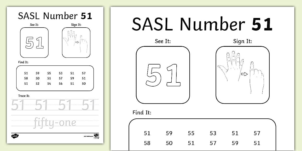 SASL Number 51 Activity Worksheet (teacher made) - Twinkl