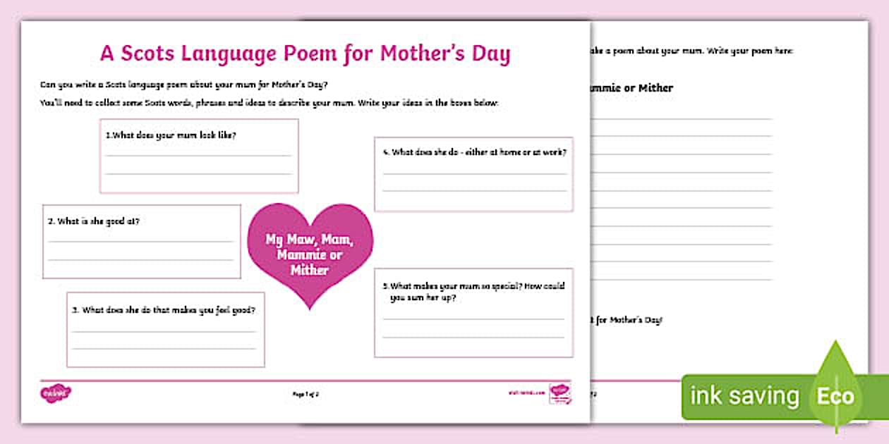 A Scots Language Poem for Mother's Day Activity Sheet