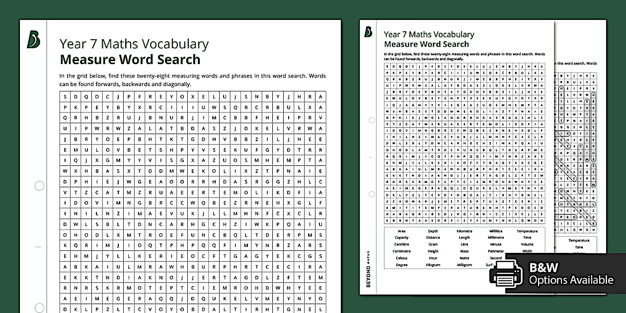 👉 Year 7 Maths Vocabulary – Measure Word Search