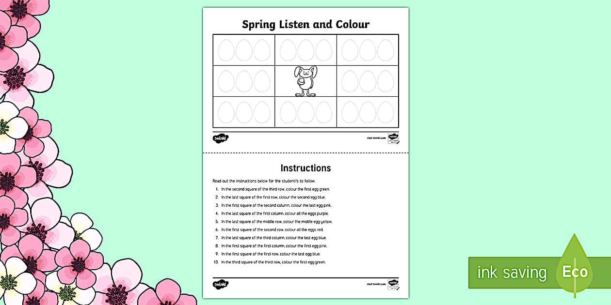 Spring Listen and Colour Five Key Words Worksheet / Worksheet