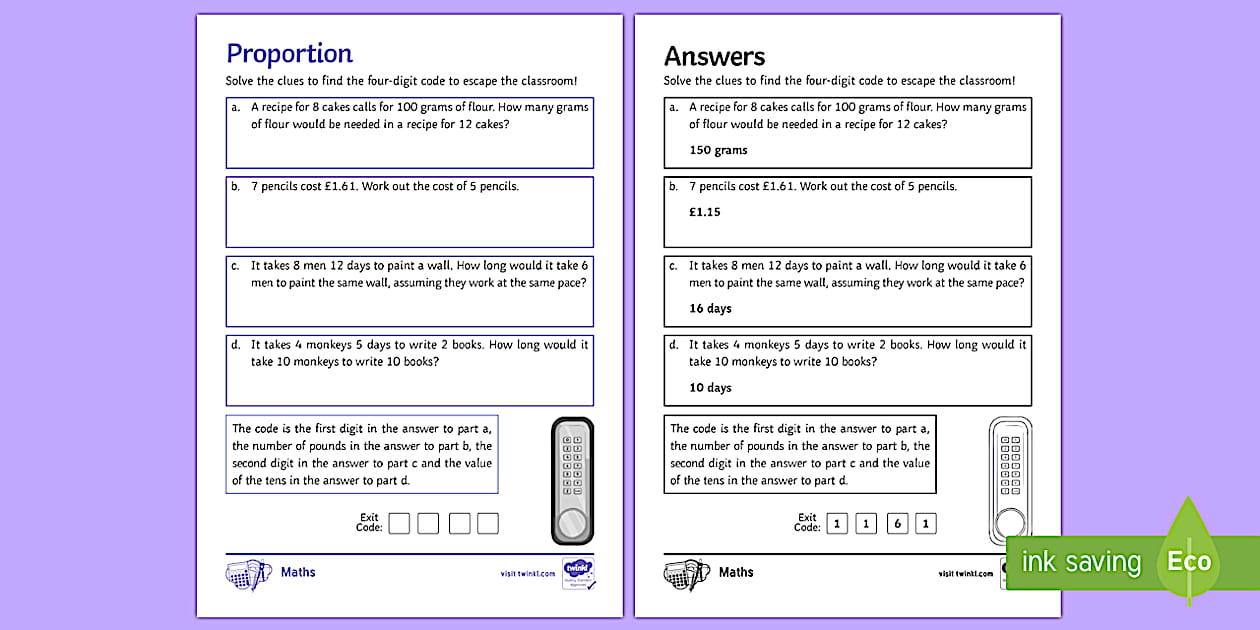 Escape the Room: Proportion Exit Ticket (teacher made)