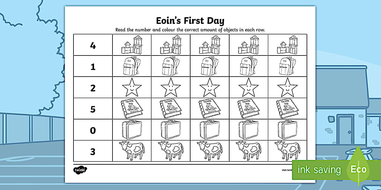 Exploring My World Aistear - Eoin's First Day - Count and Colour Worksheet