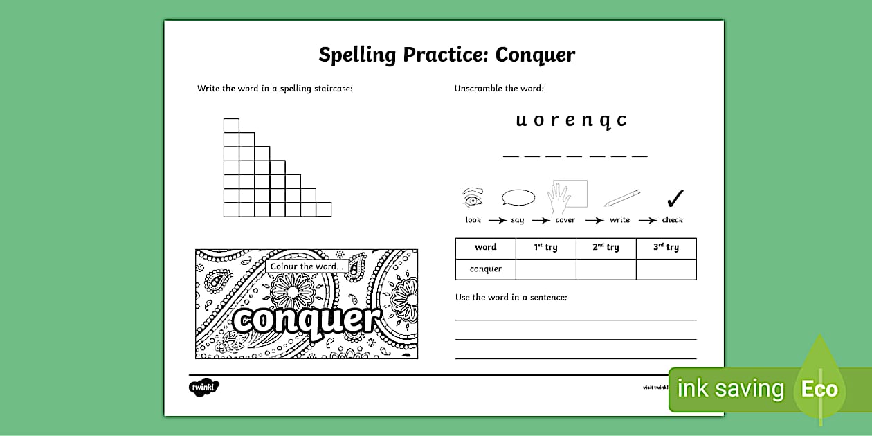 Conquer Spelling Practice Worksheet (teacher made) - Twinkl