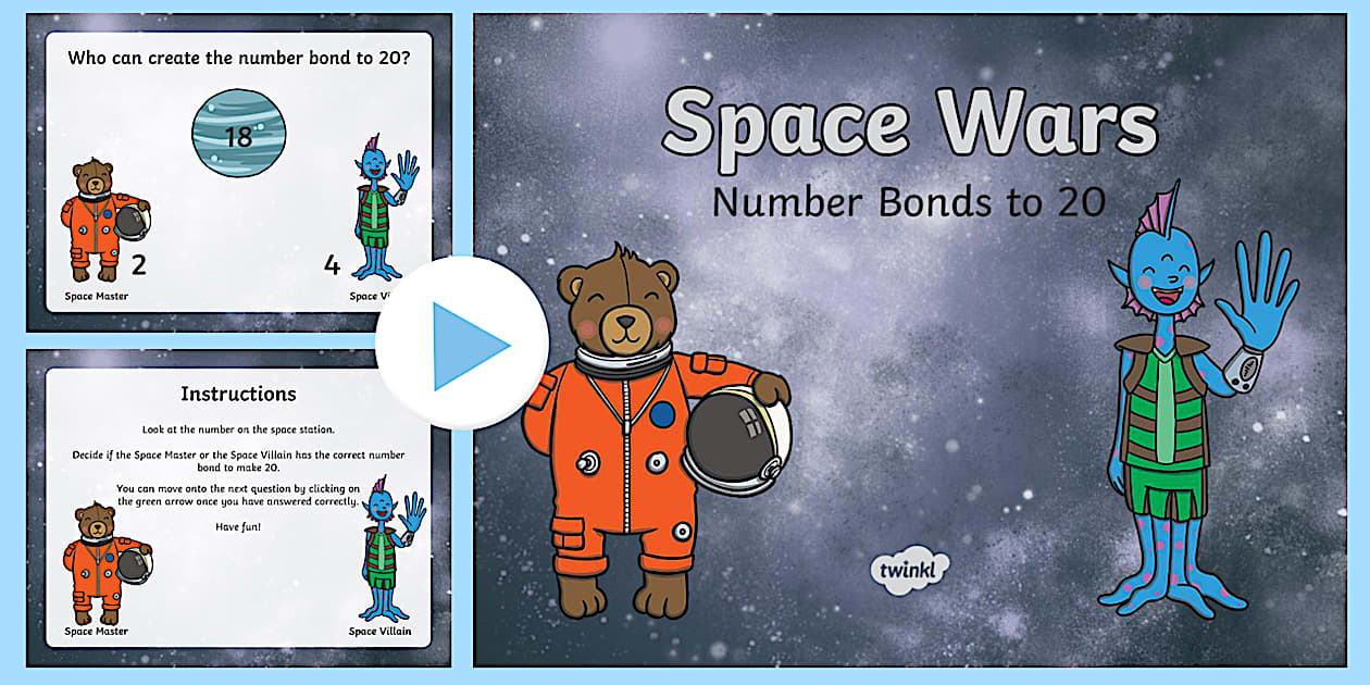 Number Bonds to 20 Space Wars PowerPoint Game (teacher made)