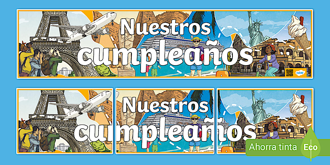 Cartel: nuestros cumpleaños - temática de viajes - Twinkl