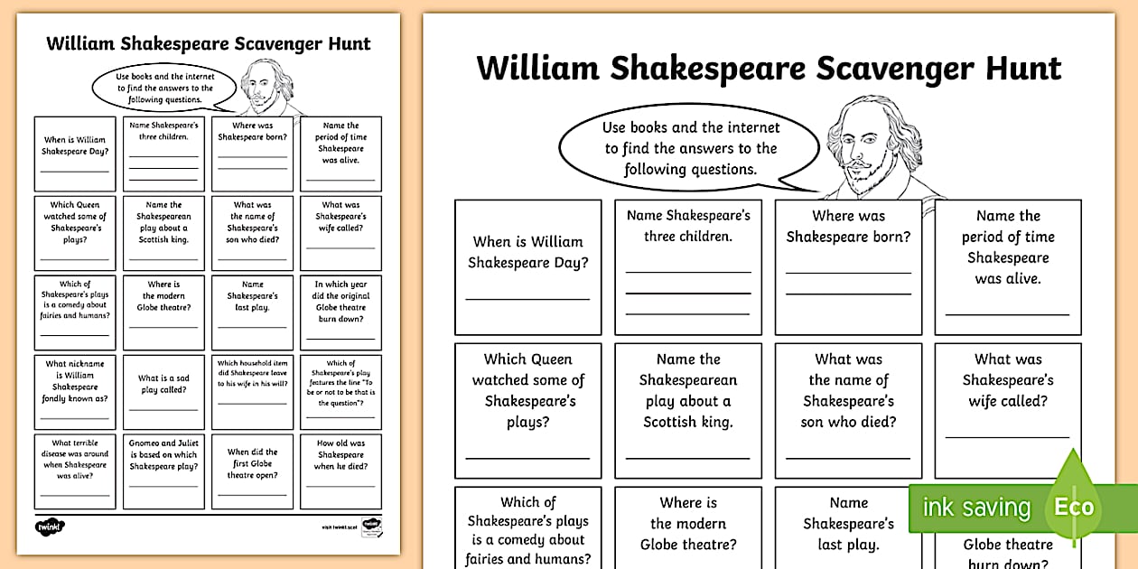 Editable William Shakespeare Research Scavenger Hunt