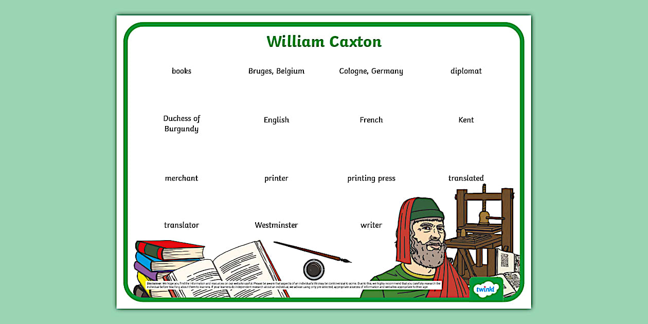 William Caxton Word Mat - Twinkl - KS1 (Teacher-Made)