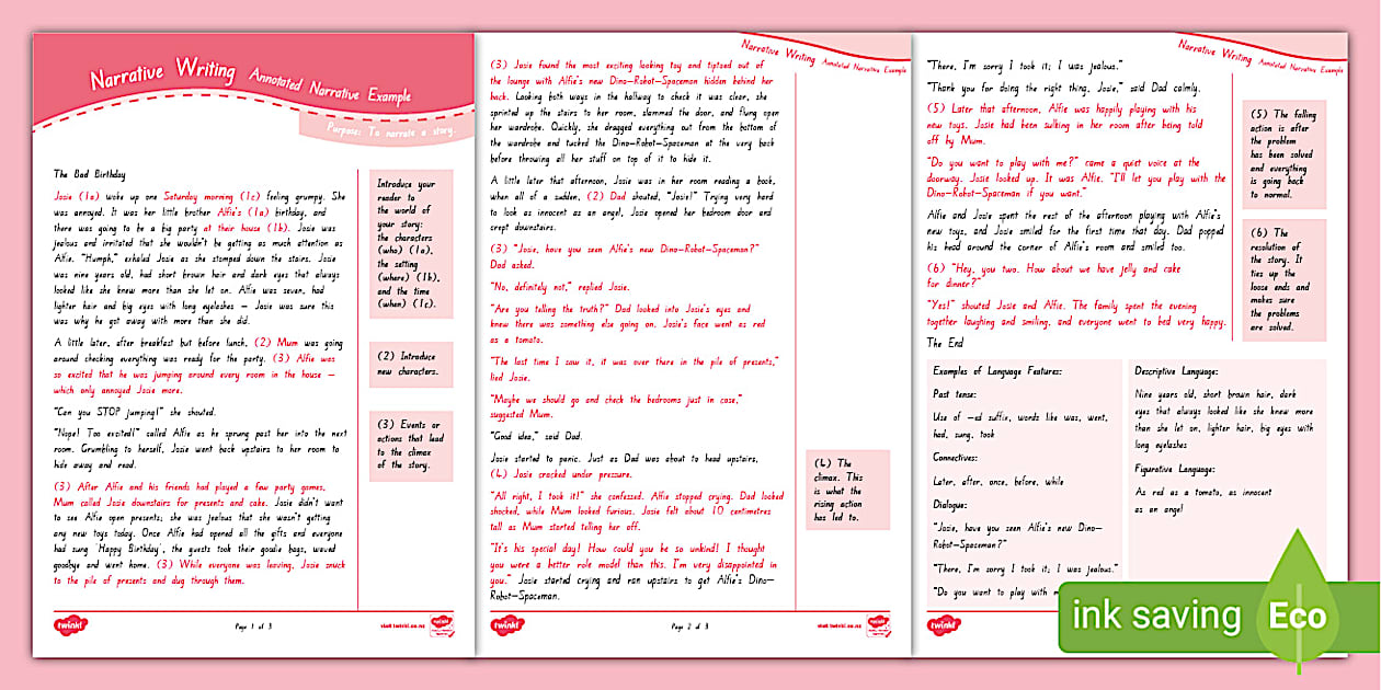 Level 3 (Phase 2) Writing - Narrative Writing Exemplar with Annotations