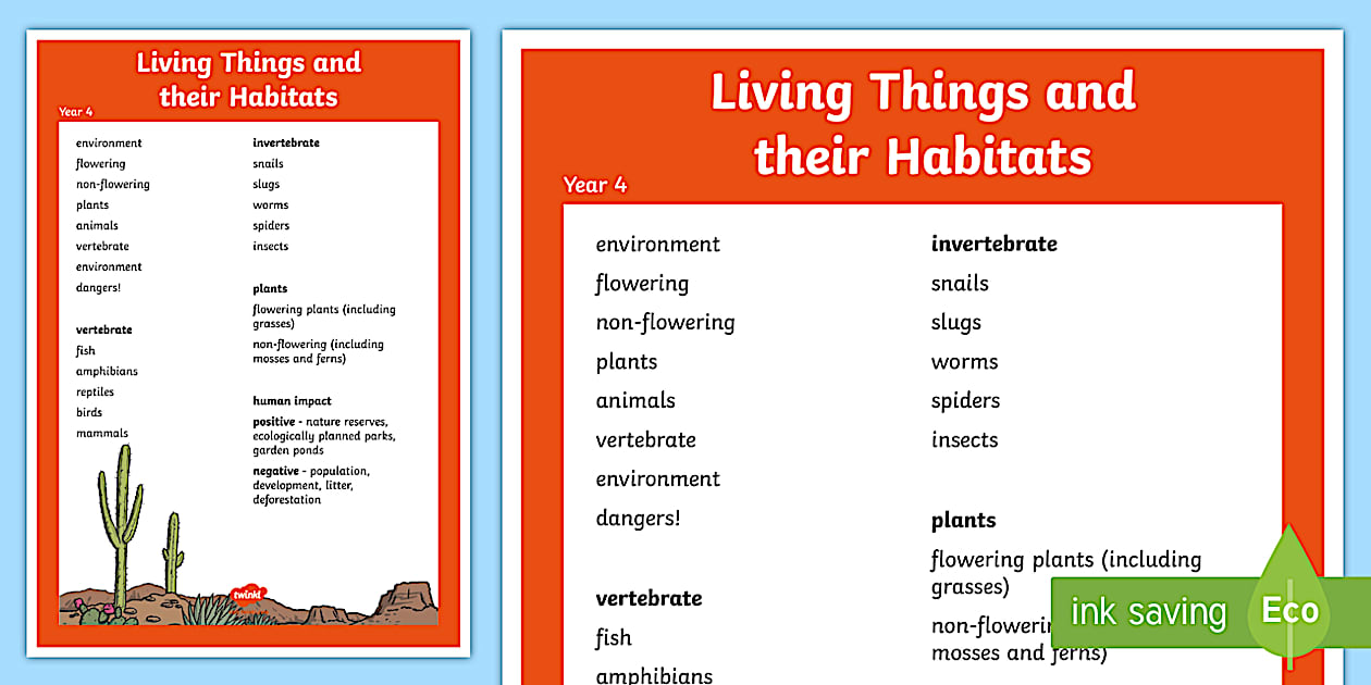Editable Year 4 Living Things and their Habitats Scientific Vocabulary ...