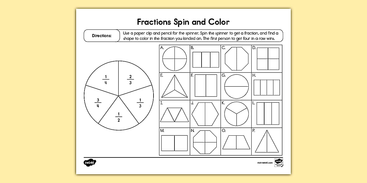 First Grade Fractions Spin and Color Center Worksheet
