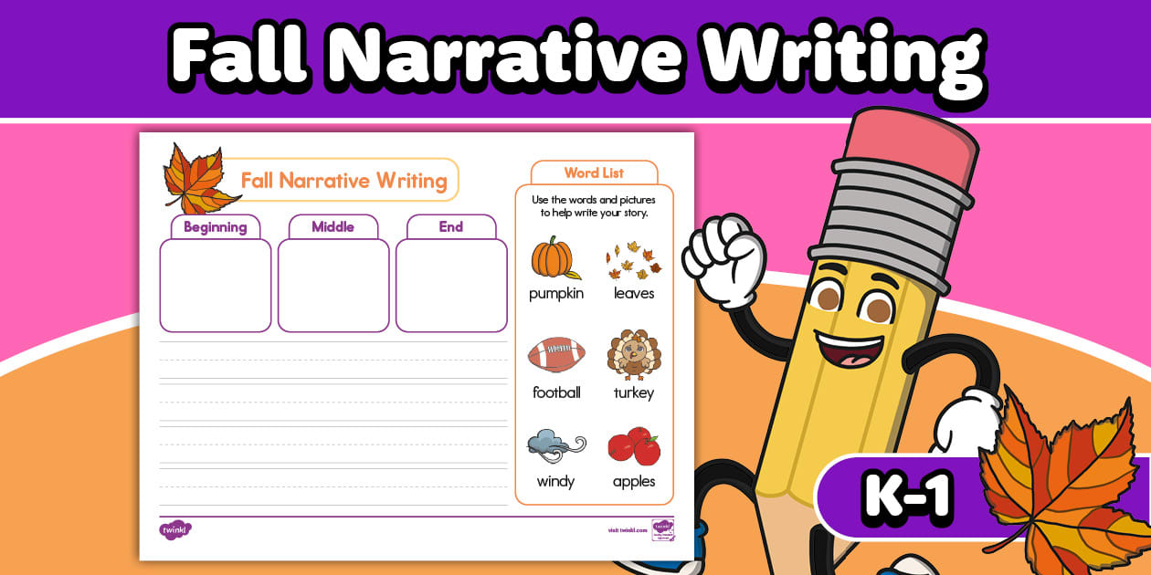 Fall Narrative Writing Practice Worksheet for K-1st Grade