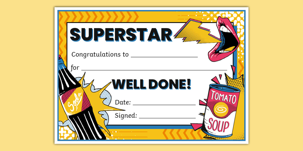 * NEW * Pop Art Themed Superstar Certificate (teacher made)