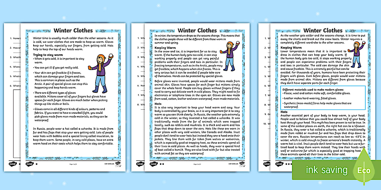 KS1 Winter Clothes Differentiated Reading Comprehension Activity