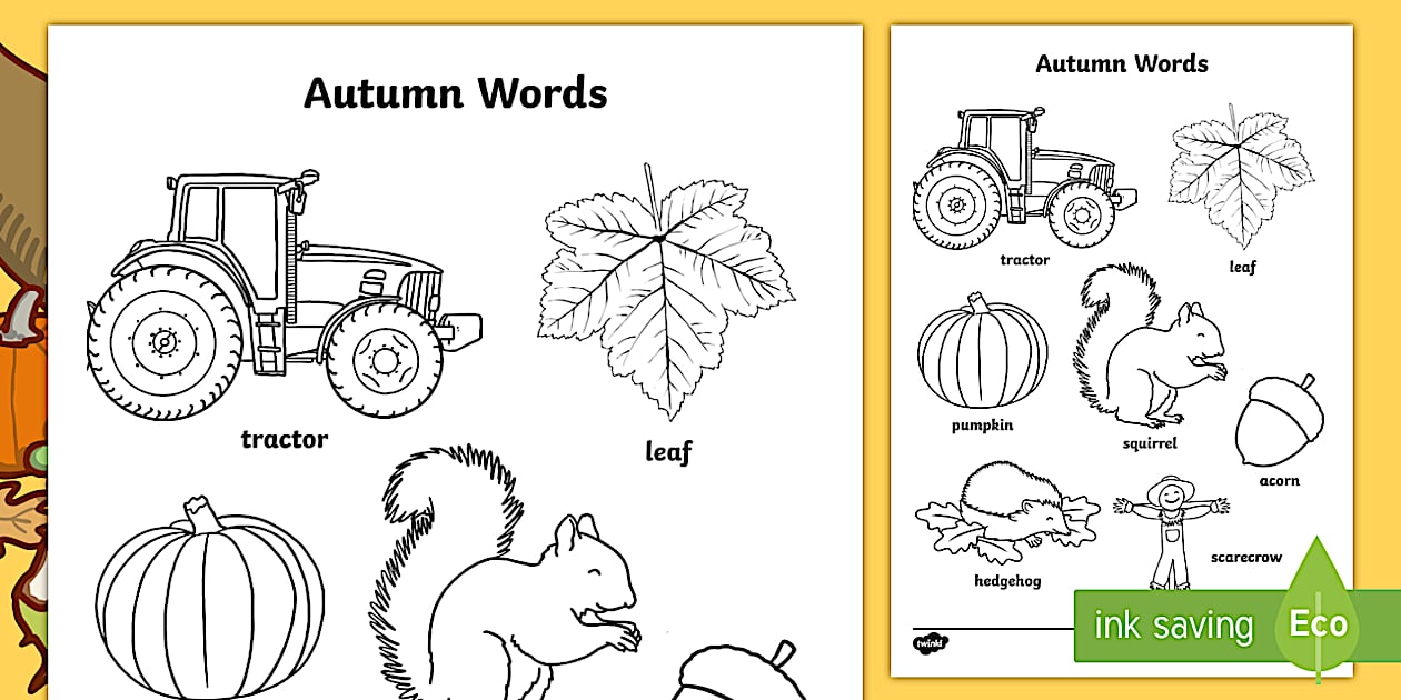 Editable Autumn Themed Words Colouring Worksheet - Twinkl