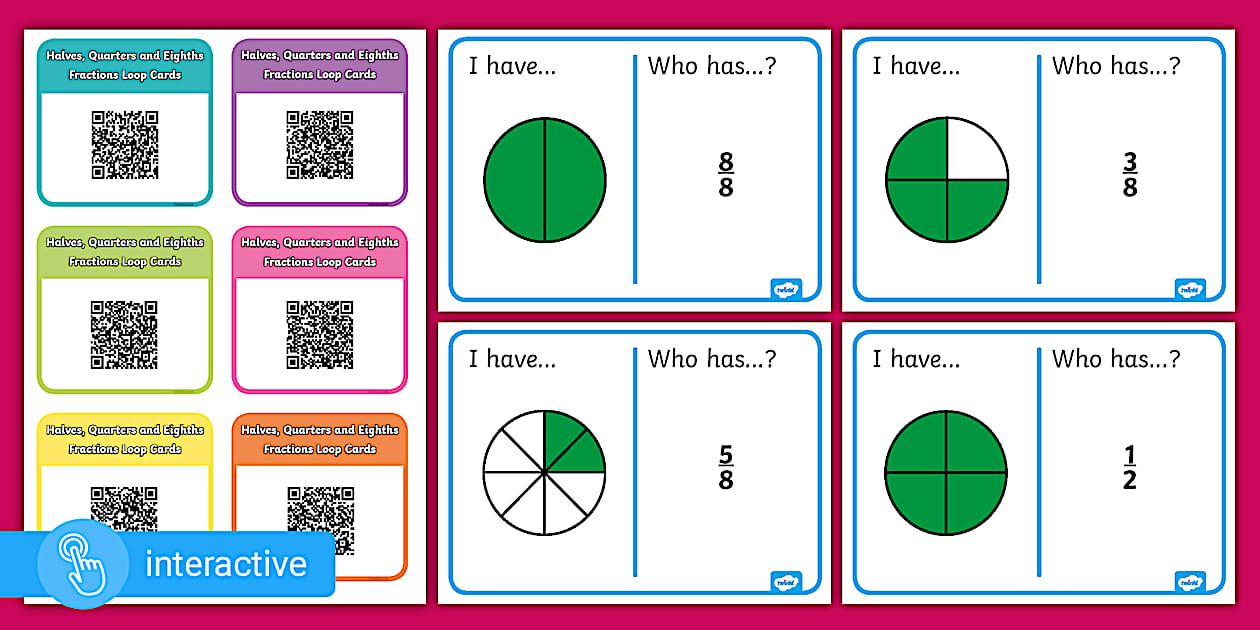 Halves, Quarters and Eighths Fractions Loop Cards | Twinkl