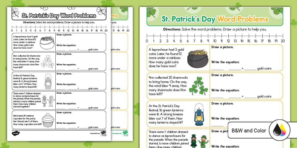 First Grade St. Patrick’s Day Word Problems Worksheet