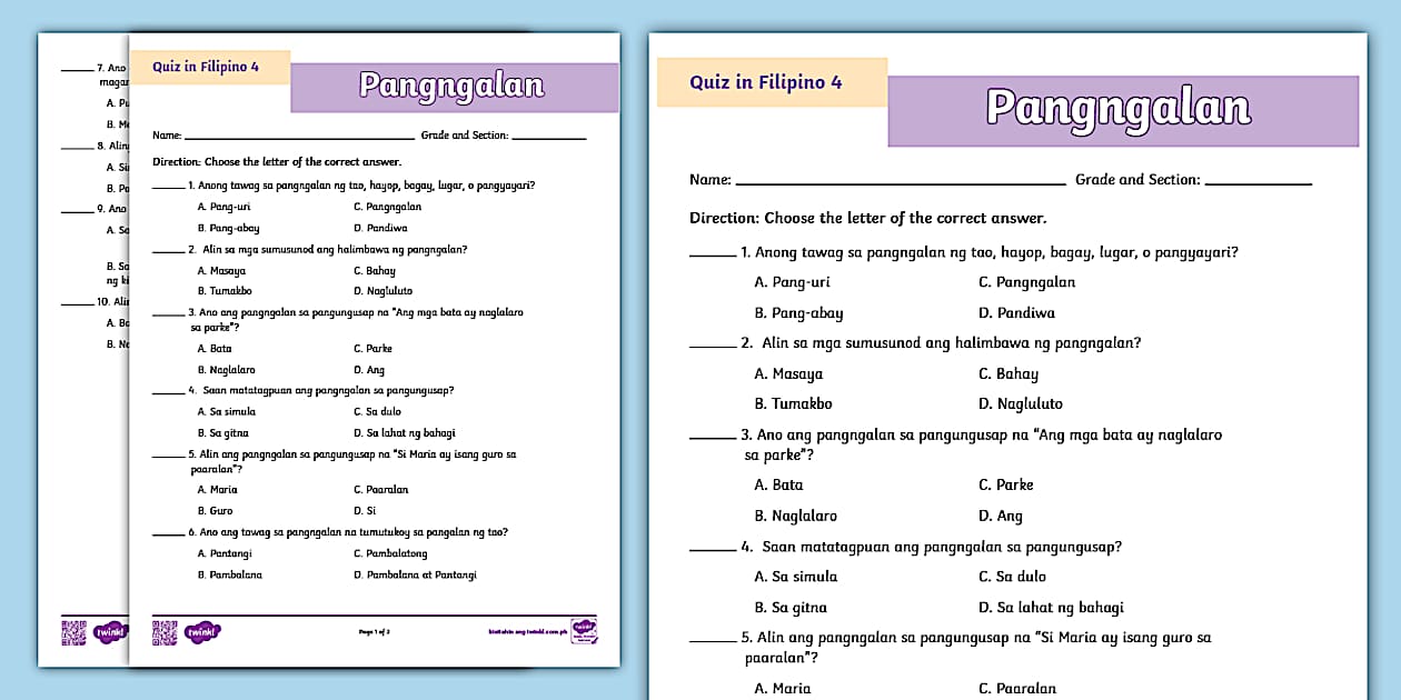 Grade 4 Filipino Quiz - Panghalip (teacher made) - Twinkl