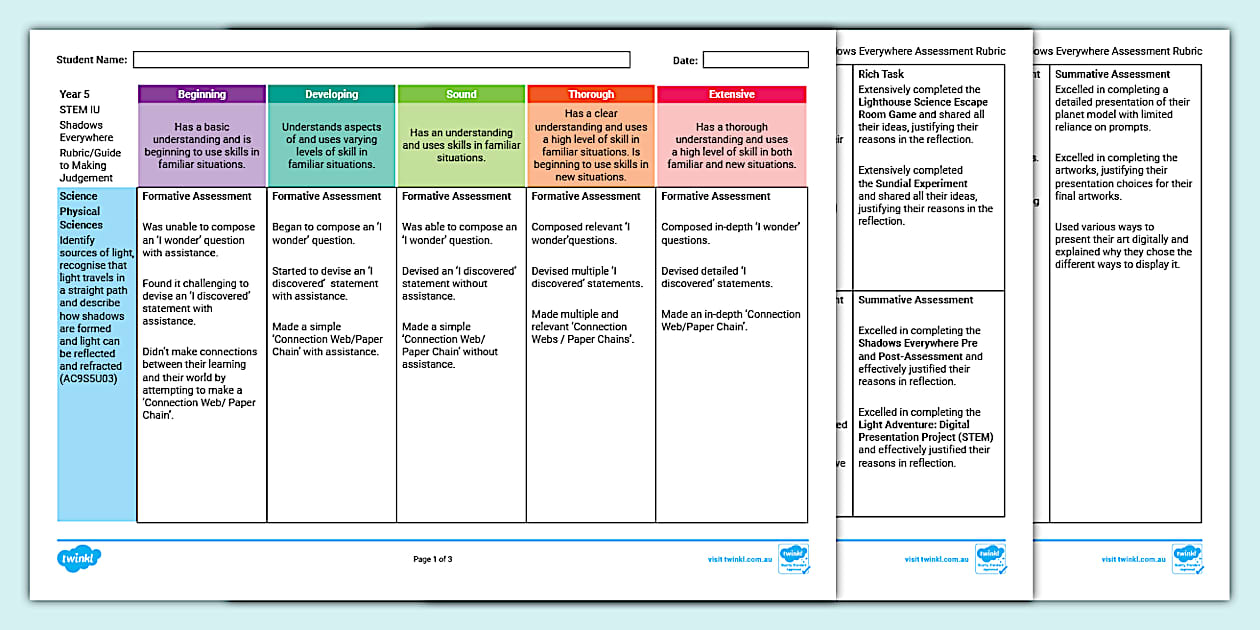 STEM IU Yr 5 Shadows Everywhere Assessment Rubric - Twinkl