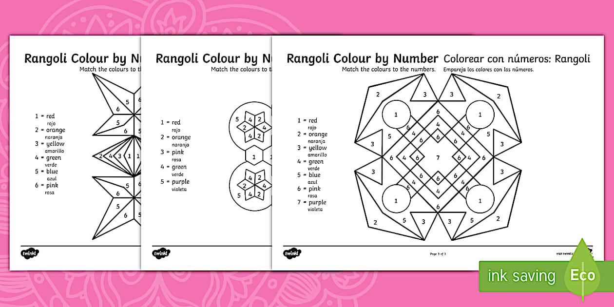 Rangoli Colour by Number English/Spanish - Twinkl