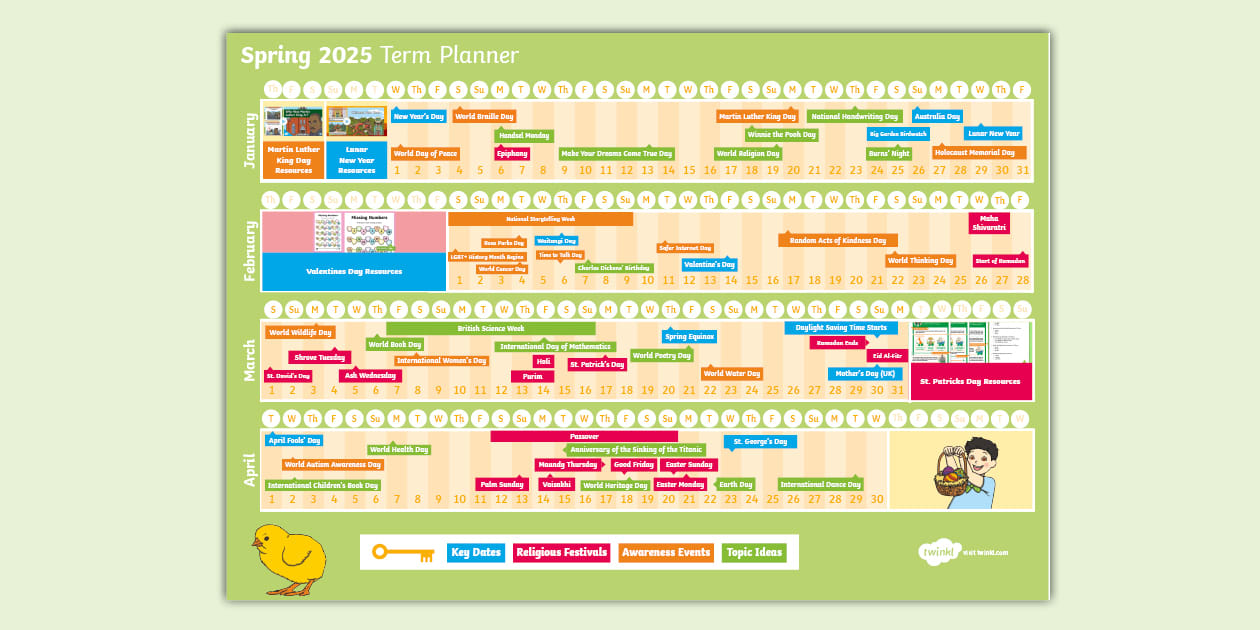 Dates Of Spring - Spring Term 2025 Display Calendar - Twinkl