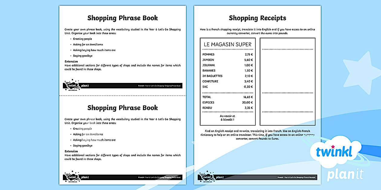French: Let's Go Shopping Year 6 Home Learning Tasks