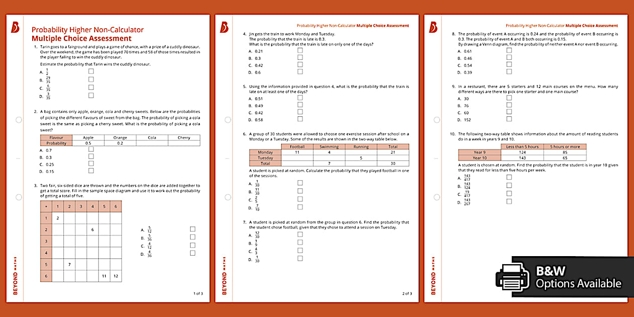 👉 Probability Higher Non-Calculator Multiple Choice Assessment
