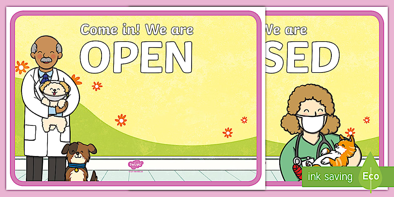 The Vets Aistear Open and Closed Role-Play Signs - Twinkl